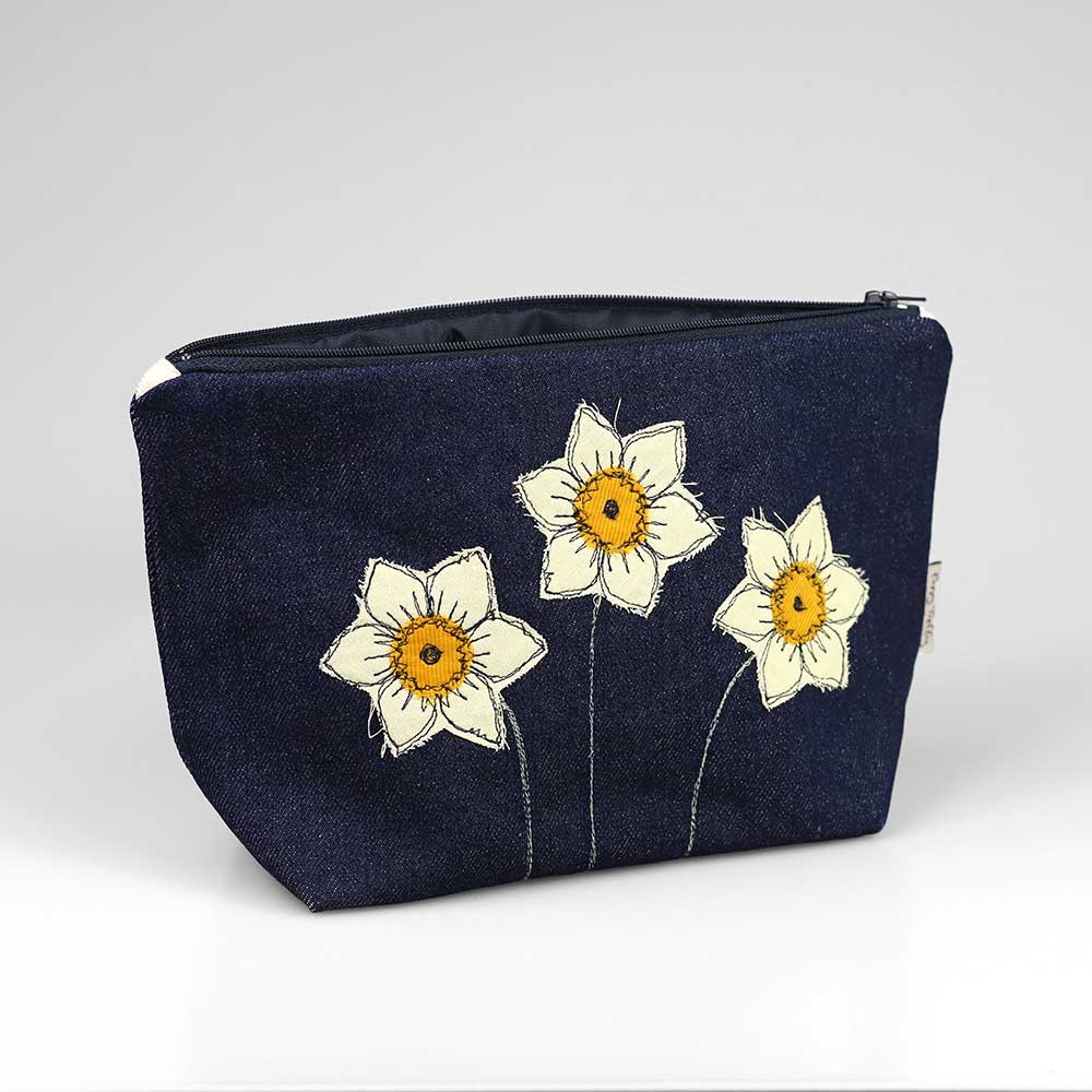 Spring daffodils embroidered make up bag by Poppy Treffry