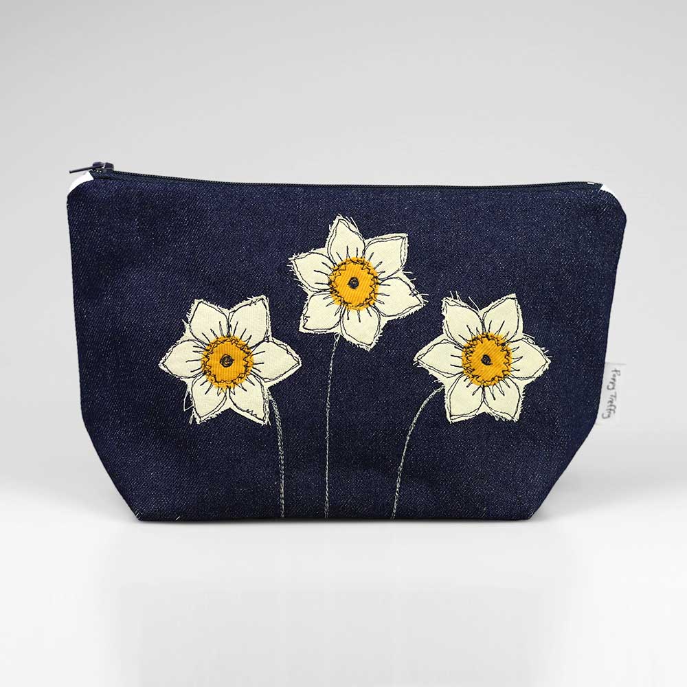Spring daffodils embroidered make up bag by Poppy Treffry